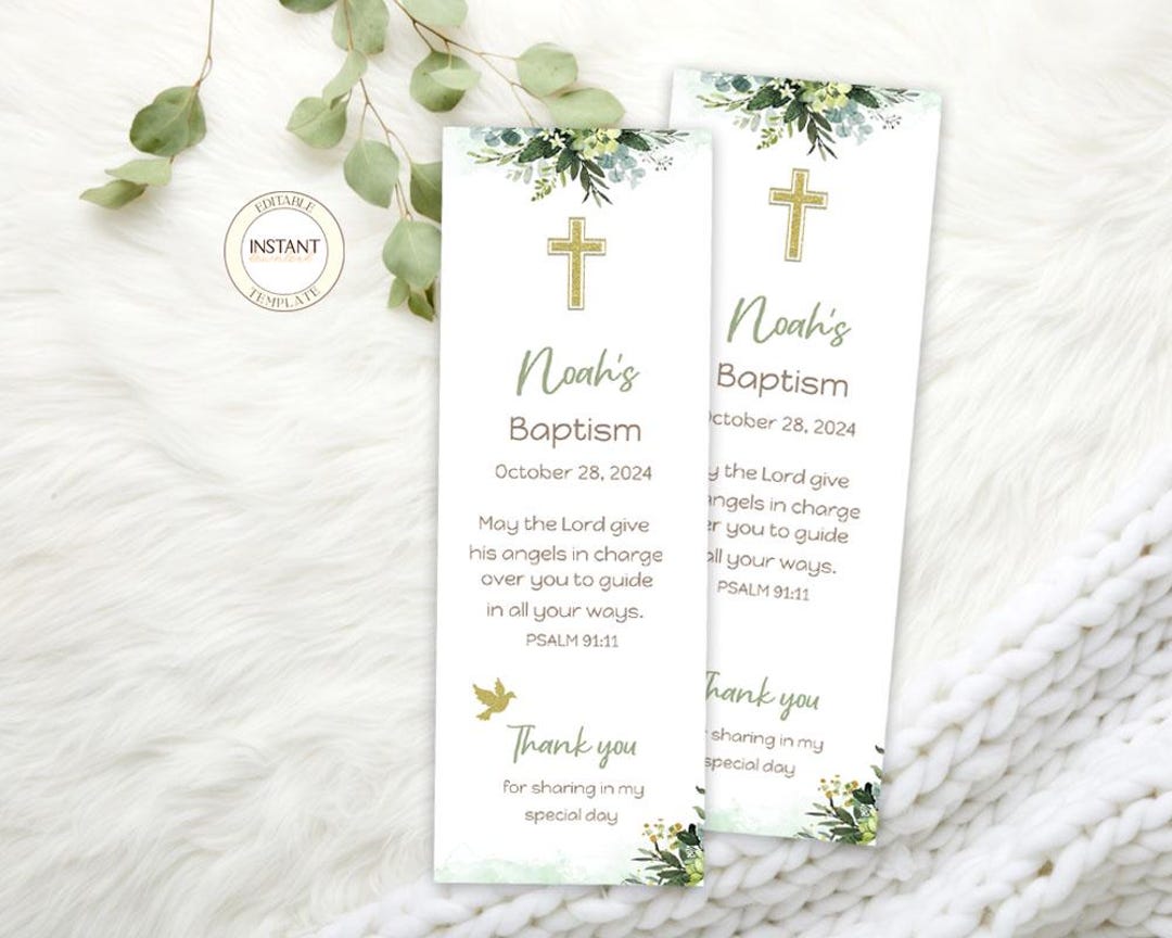Boy Baptism Bookmark Editable Baby Greenery Keepsake Personalized ...