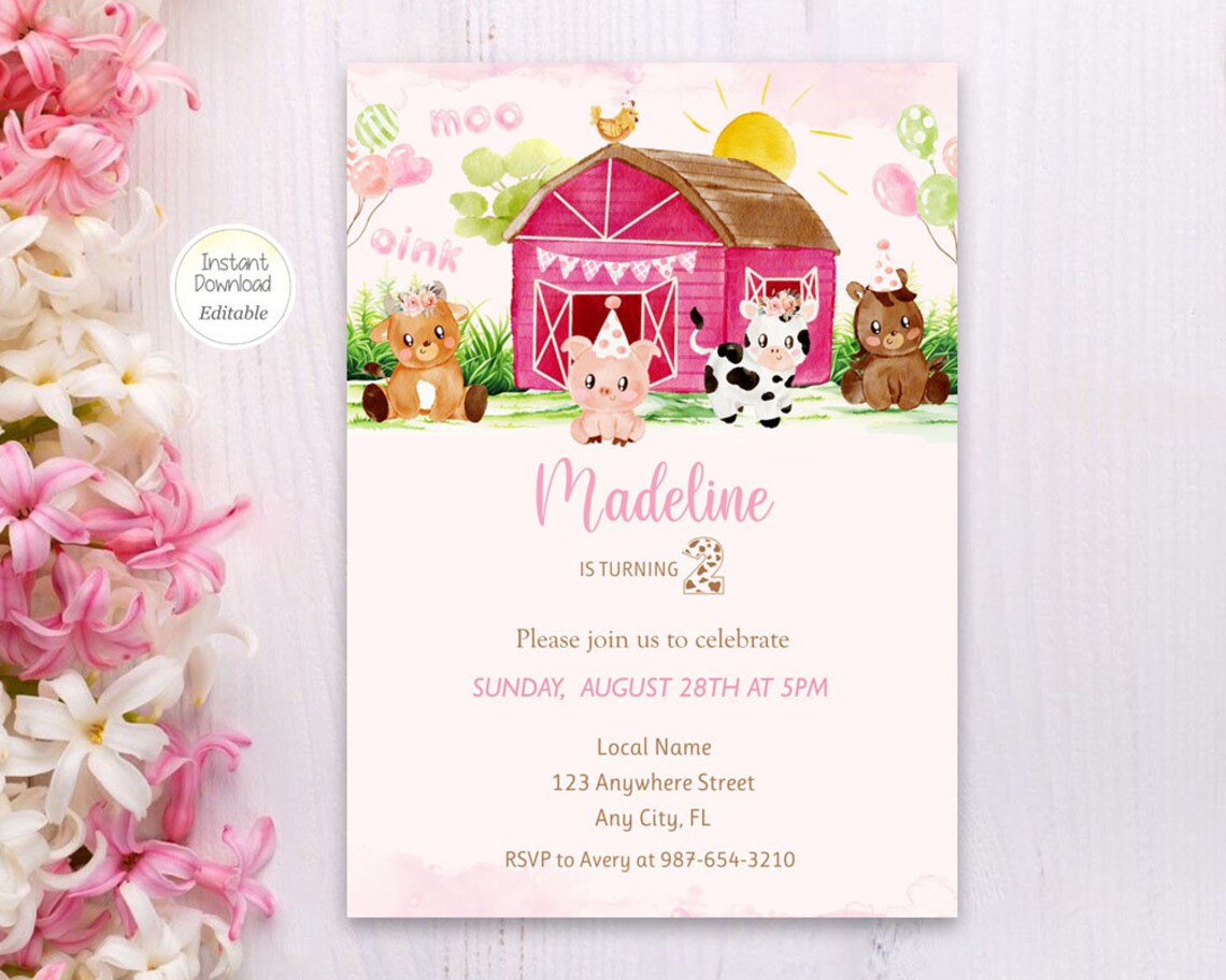 Editable Farm Birthday Invitation Pink Barnyard Girl Birthday Party ...