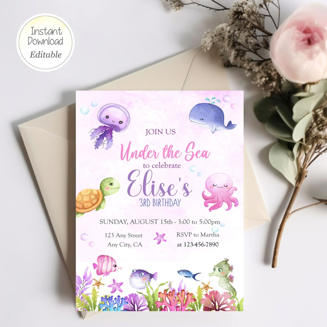 Under the Sea Birthday Invitation Sea Life Party Editable Template ...