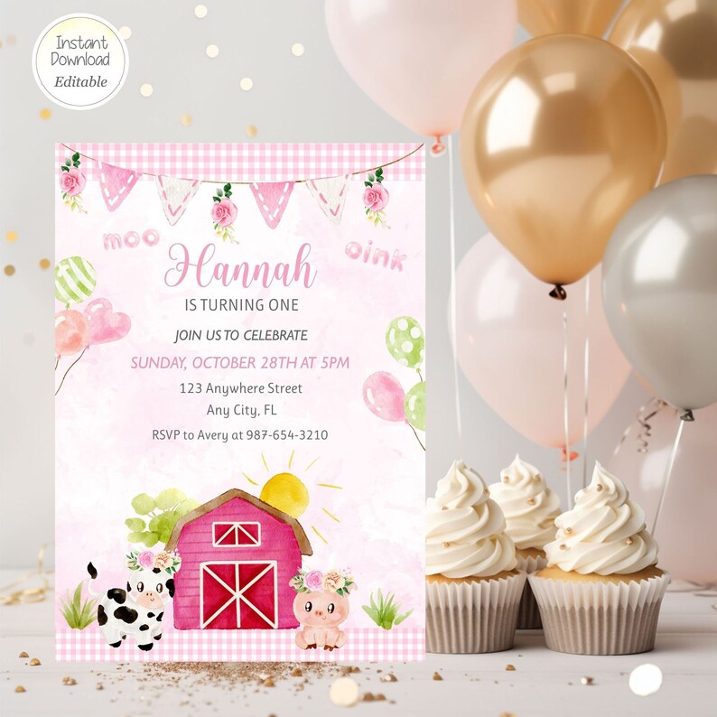 Editable Farm First Birthday Invitation Pink Barnyard Party - Etsy