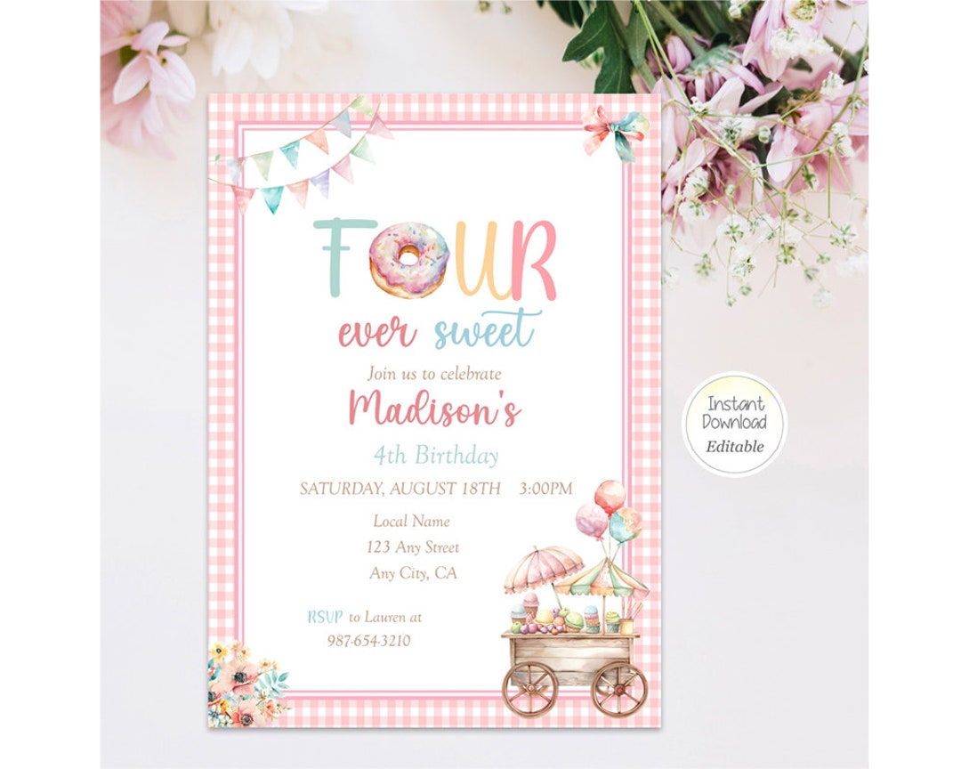 Four Ever Sweet Invitation Birthday Girl Donut 4th Party Editable ...