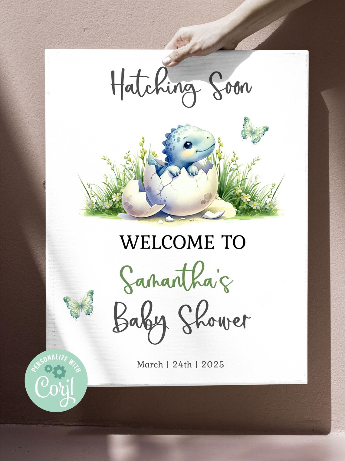 Hatching Soon Baby Shower Welcome Sign Editable Baby Boy Dinosaur ...