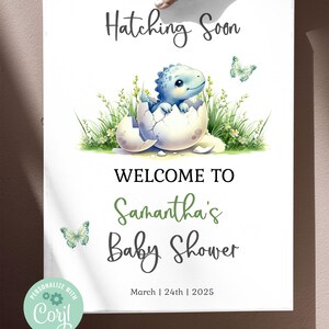 Hatching Soon Baby Shower Welcome Sign Editable Baby Boy Dinosaur ...