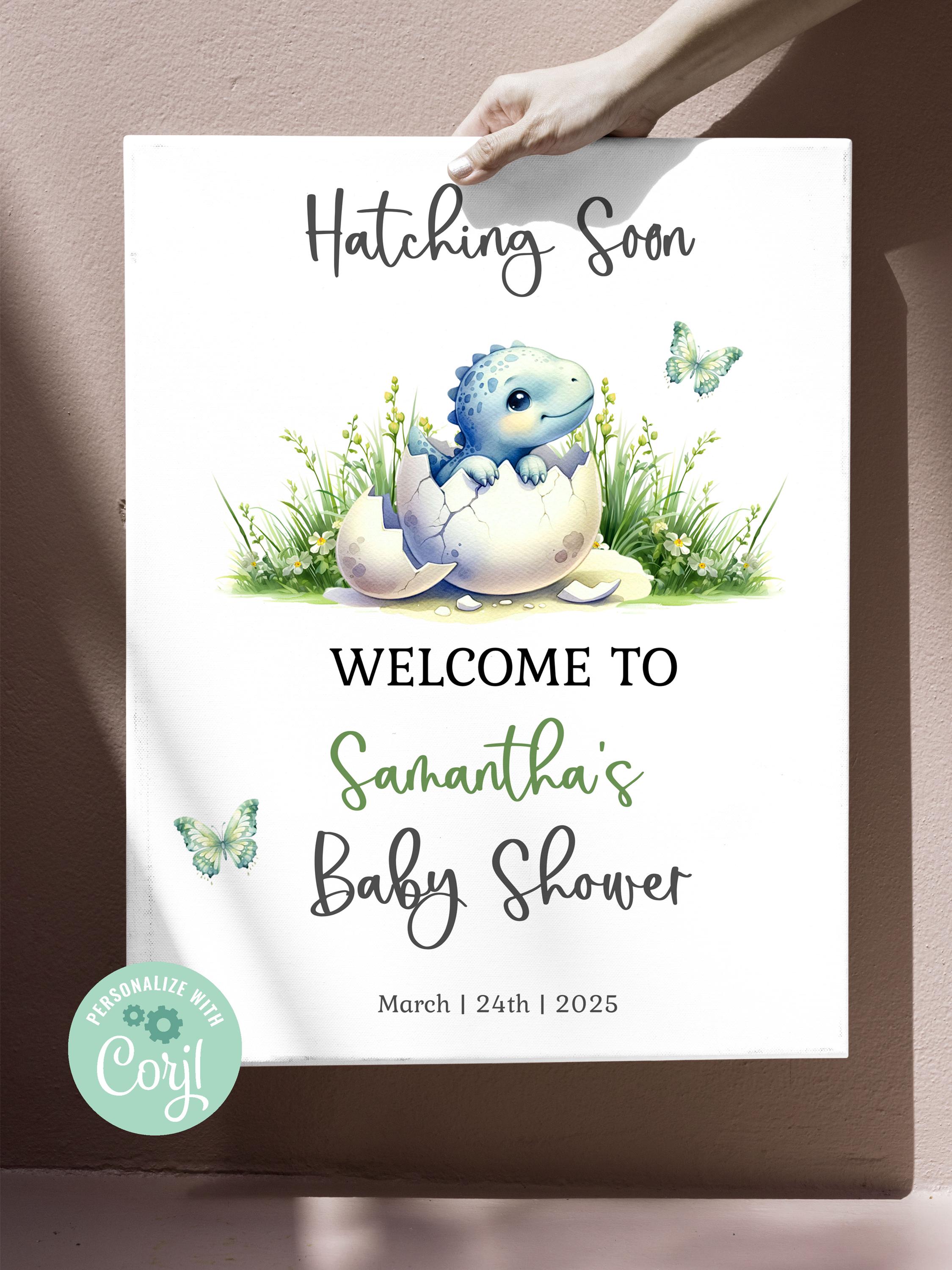 Hatching Soon Baby Shower Welcome Sign Editable Baby Boy Dinosaur ...