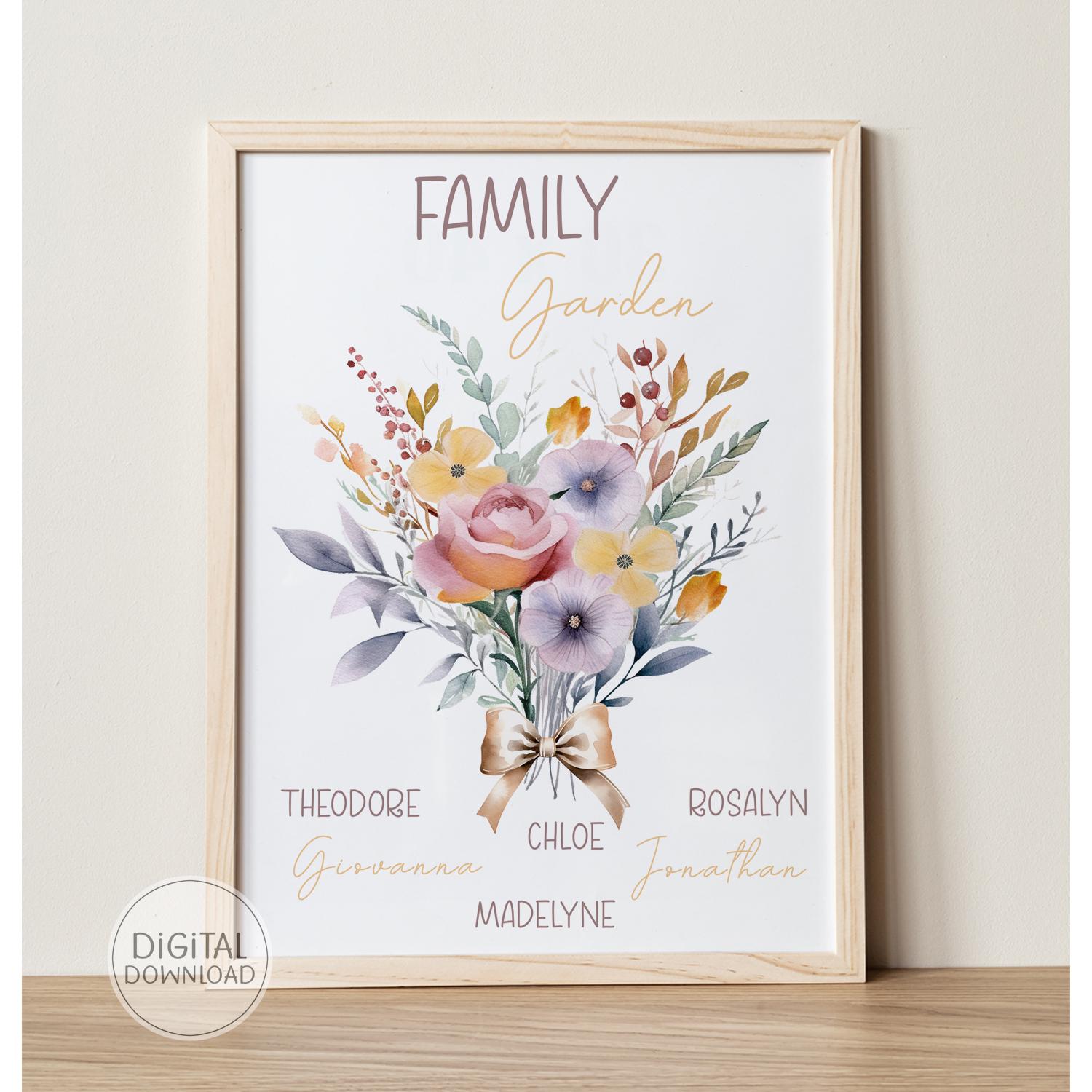 Flower Family Bouquet Print Decor Personalized Names Printable Download ...