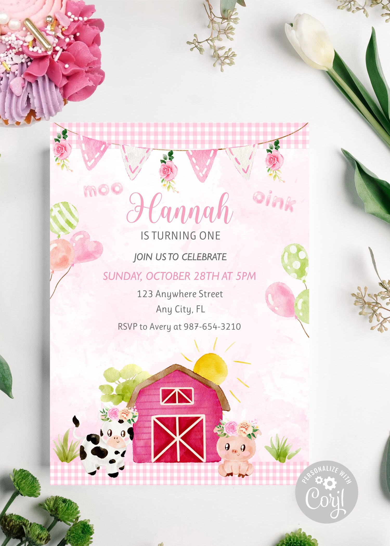 Editable Farm First Birthday Invitation Pink Barnyard Party - Etsy