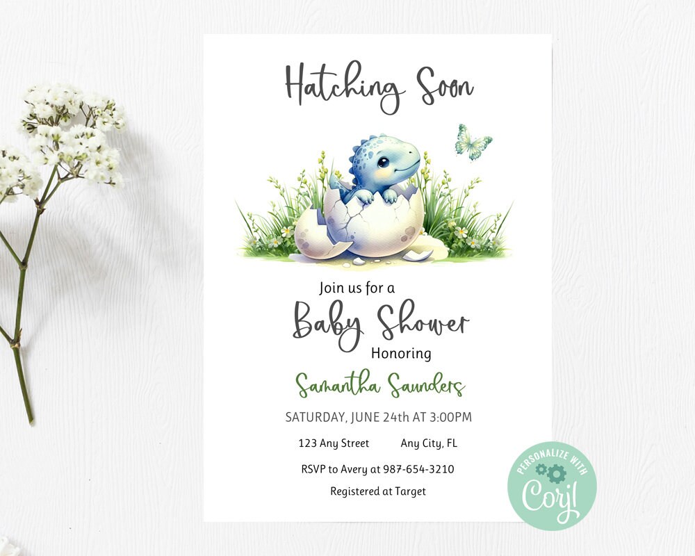 Hatching Soon Baby Shower Invitation Dinosaur Gender Reveal Baby Shower ...