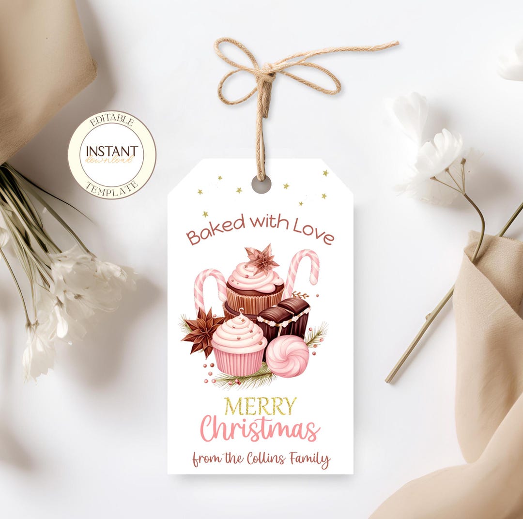 Baked With Love Gift Tag Editable Pink Merry Christmas Cookies Favor ...