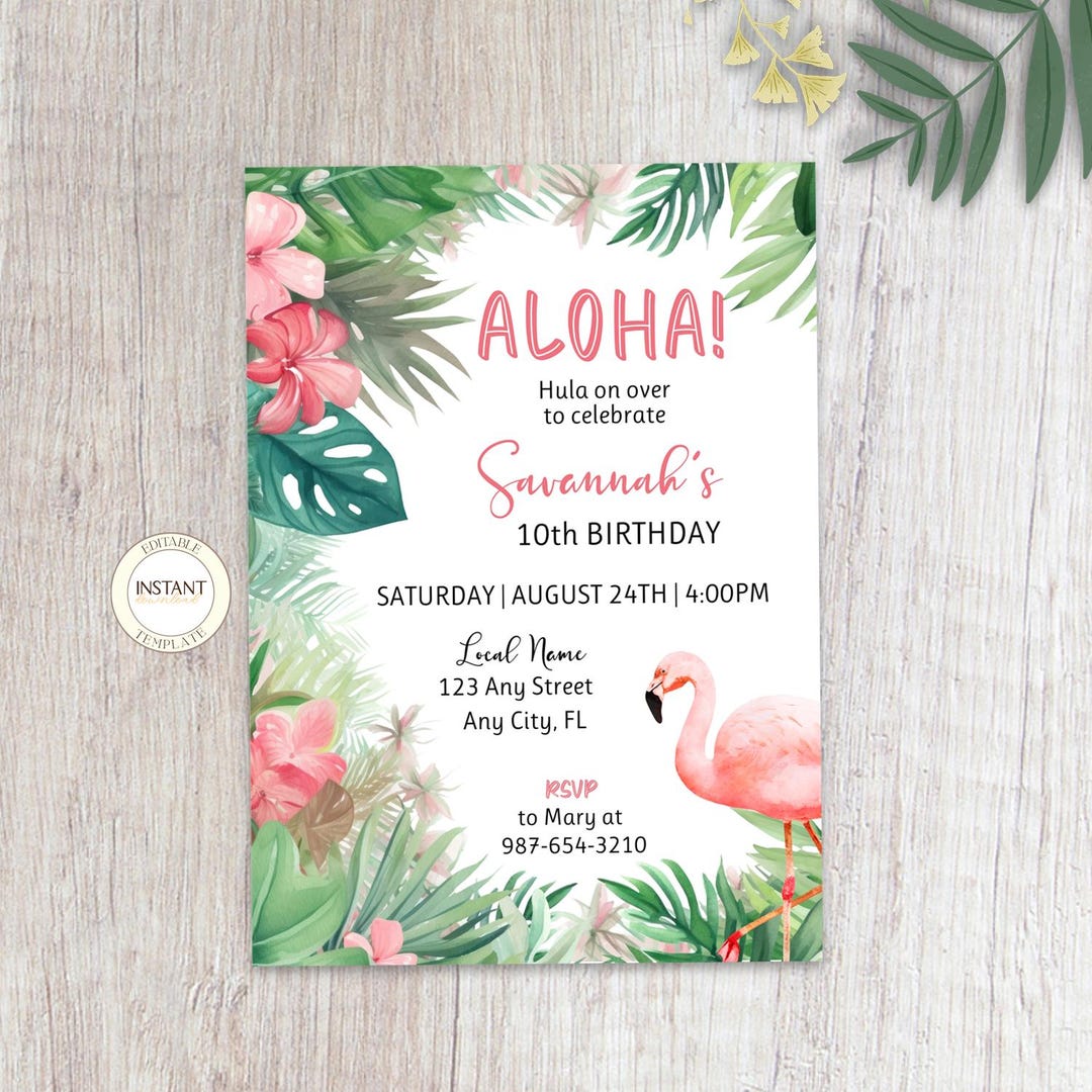 Aloha Birthday Invitation Editable Floral Tropical Hawaiian Girl ...
