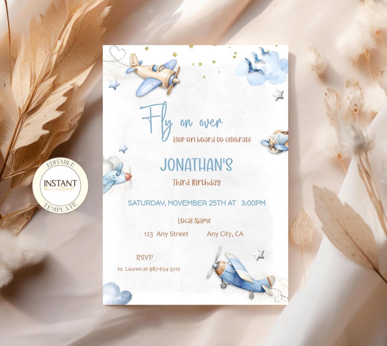 Airplane Birthday Editable Invitation Fly on Over Birthday Boy Blue ...