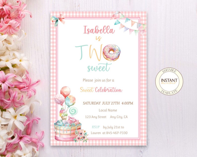 Editable Two Sweet Birthday Invitation Candyland Party Sweet ...