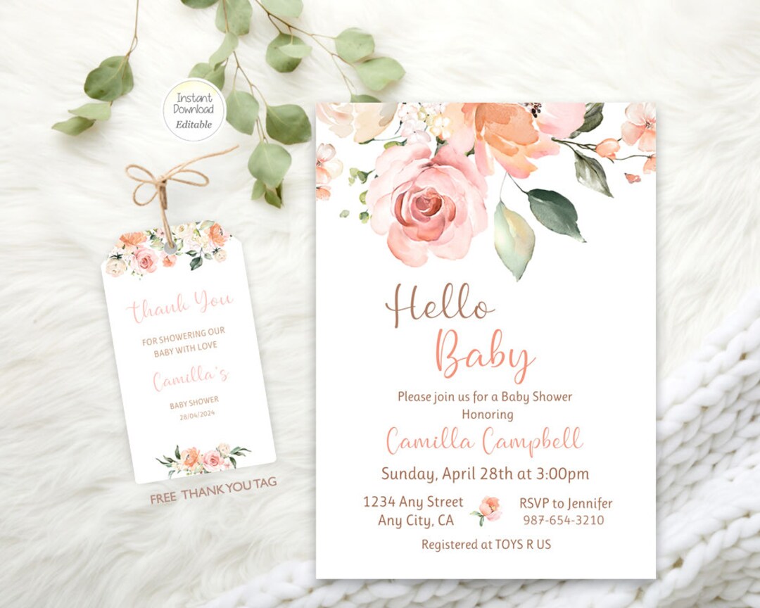 Editable Hello Baby Floral Peach Invitation Baby Shower Spring Invite ...