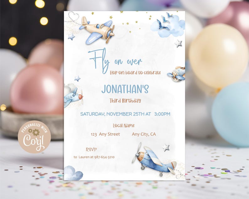 Airplane Birthday Editable Invitation Fly on Over Birthday Boy Blue ...
