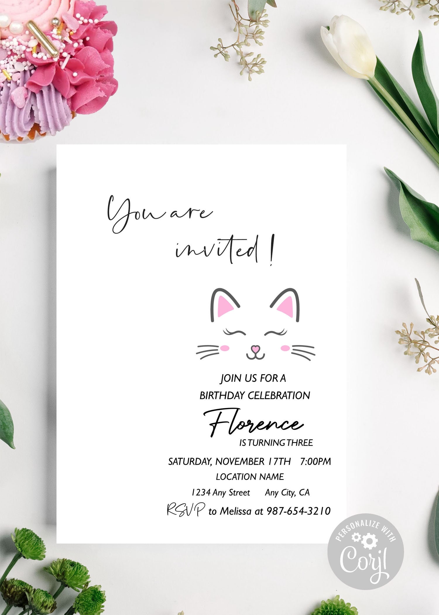 Editable Kitty Cat Birthday Invitation, Purrfect Party Invite Template ...