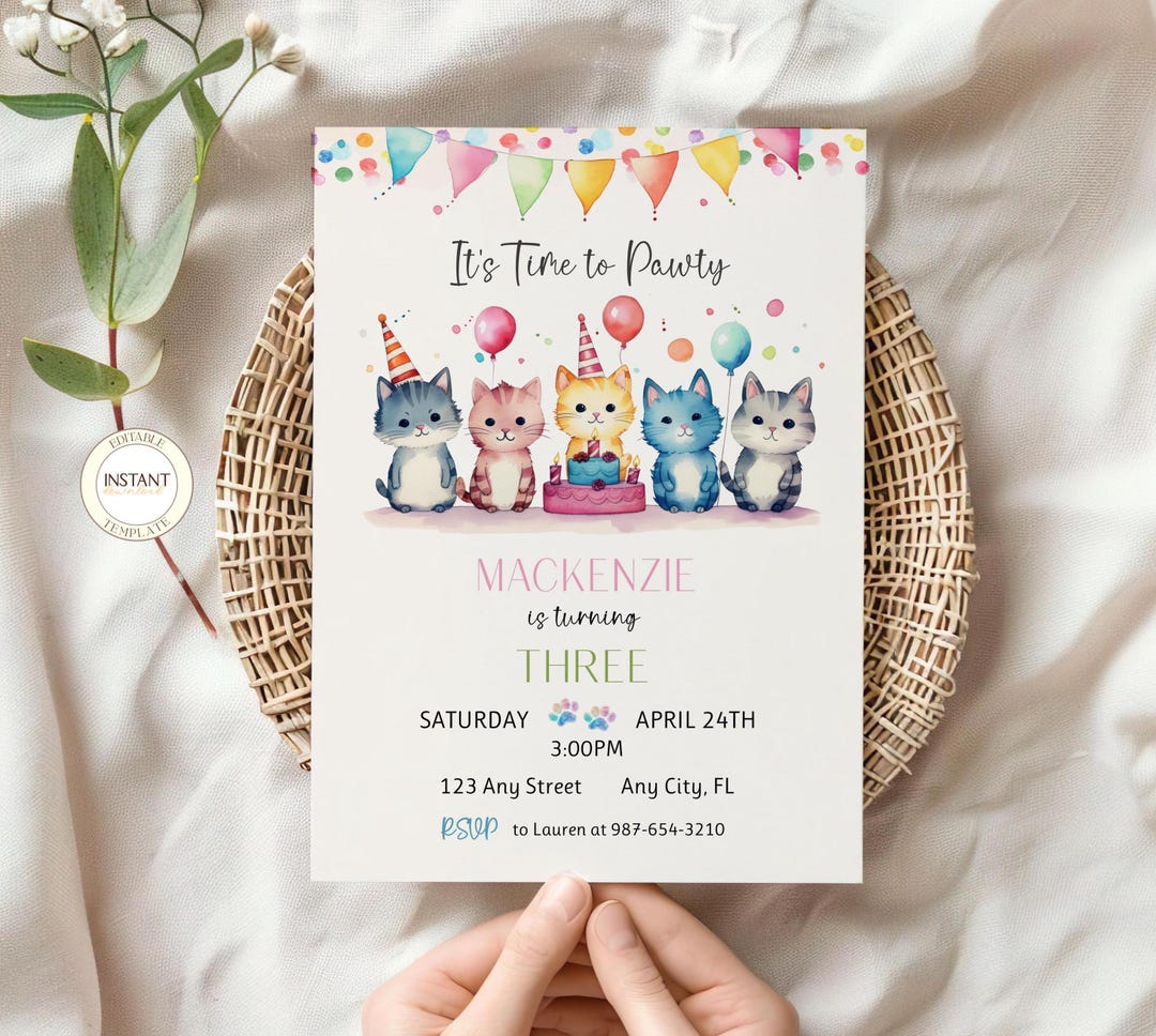 Cat Themed Birthday Invitation Party Puppy Cat It's Time to Pawty ...