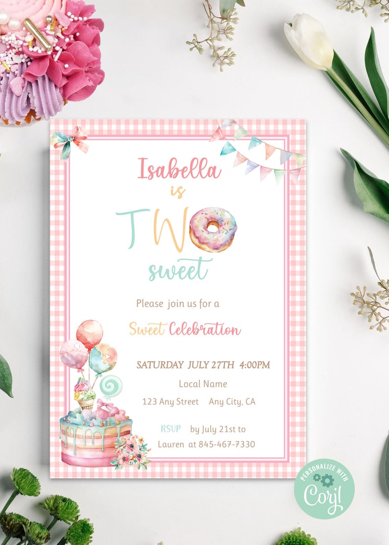 Editable Two Sweet Birthday Invitation Candyland Party Sweet ...