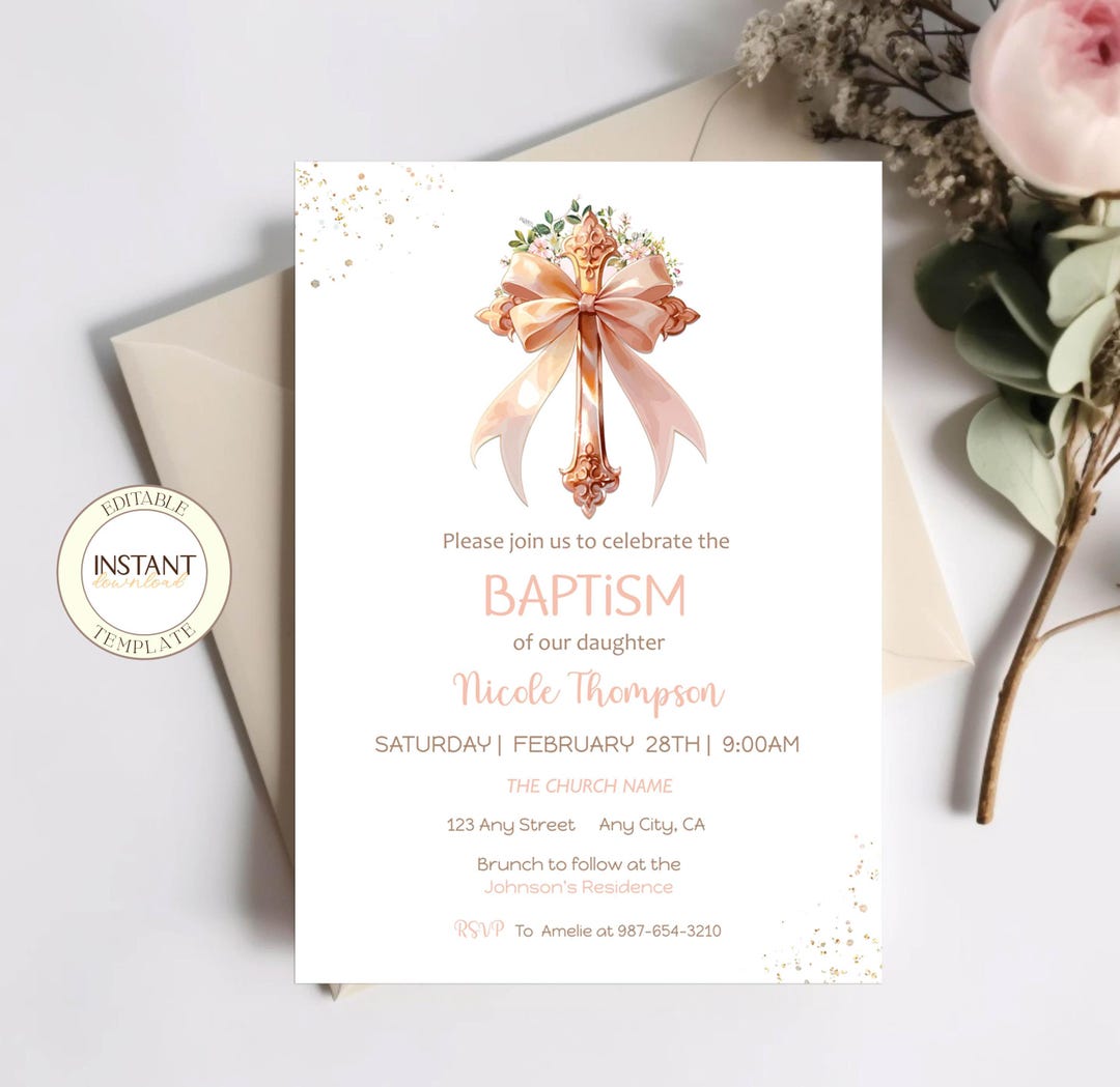 Girl Baptism Invitation Editable Baby Christening Neutral Watercolor ...