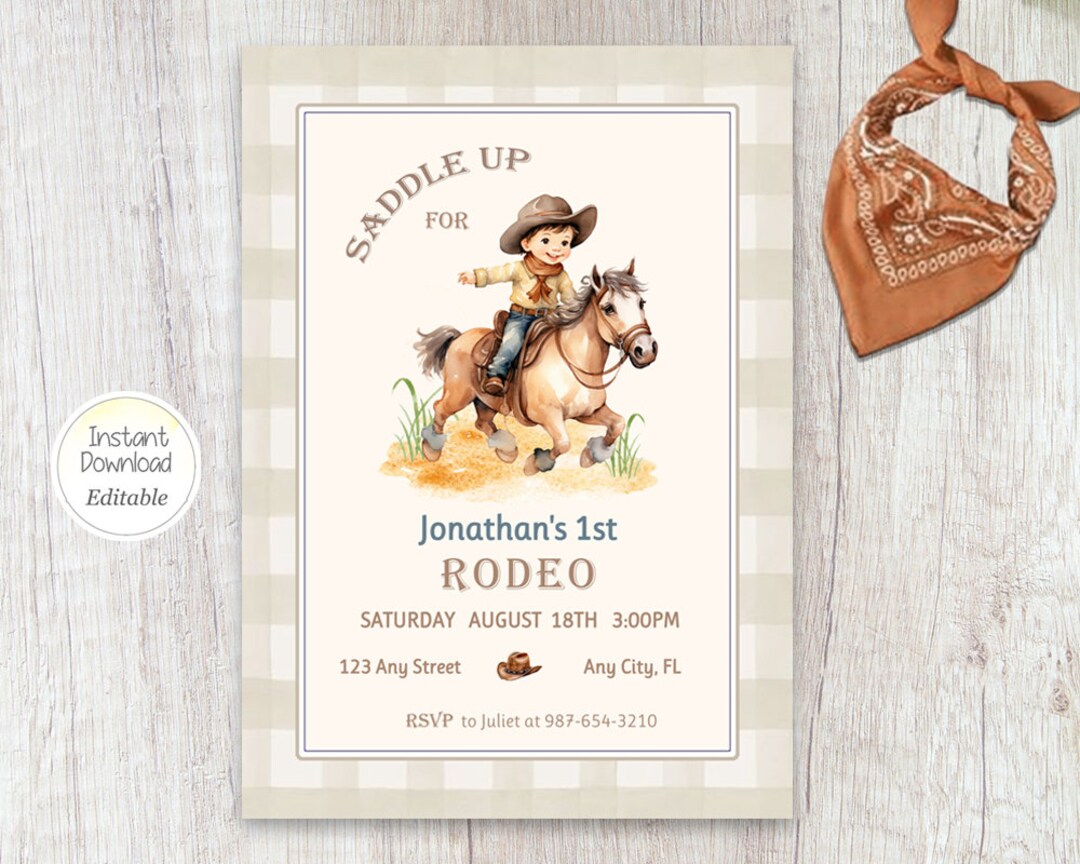 First Rodeo Birthday Invitation Editable Little Cowboy Invite Wild West ...