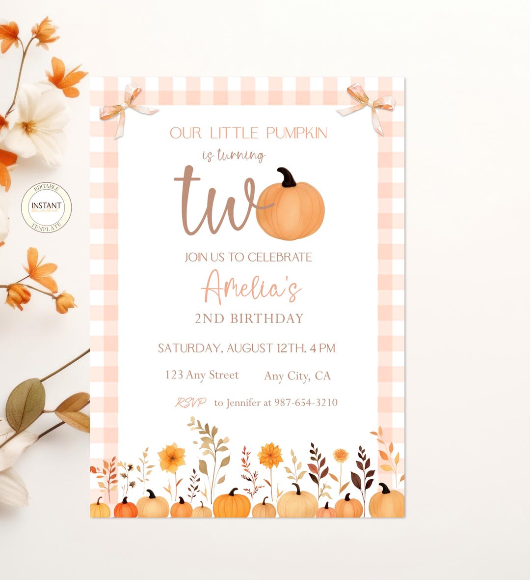 Our Little Pumpkin Birthday Invitation Editable Floral Fall Autumn 2nd ...