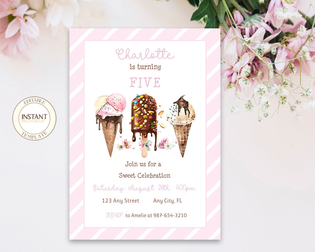 Editable Ice Cream Birthday Invitation Template Editable Custom Age Ice ...