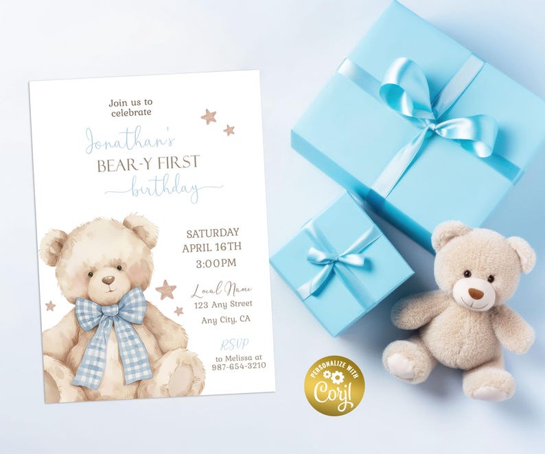 Beary First Birthday Editable Invitation Teddy Bear Blue Baby Boy 1sr ...