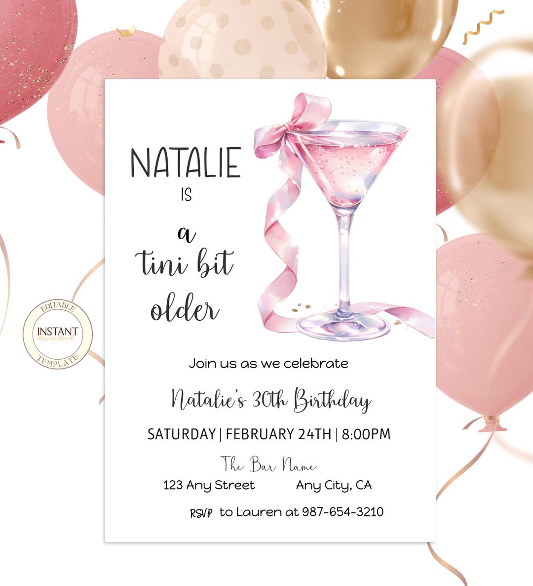 30th Birthday Invitation: Pink Expresso Martini, Coquette Bow (digital ...