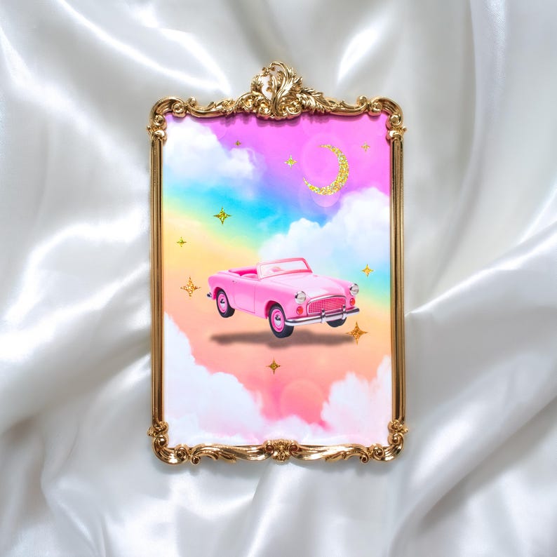 Retro Kawaii Dreamscape Art Print | Pink Space Car, Retro Wall Decor ...