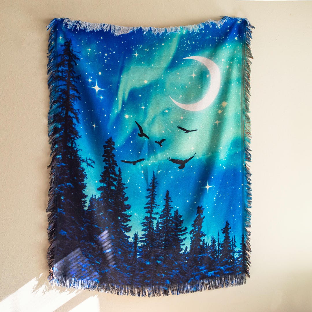 Woven Forest Night Sky Blanket, Moon Stars Fringe Throw, Boho Polyester ...