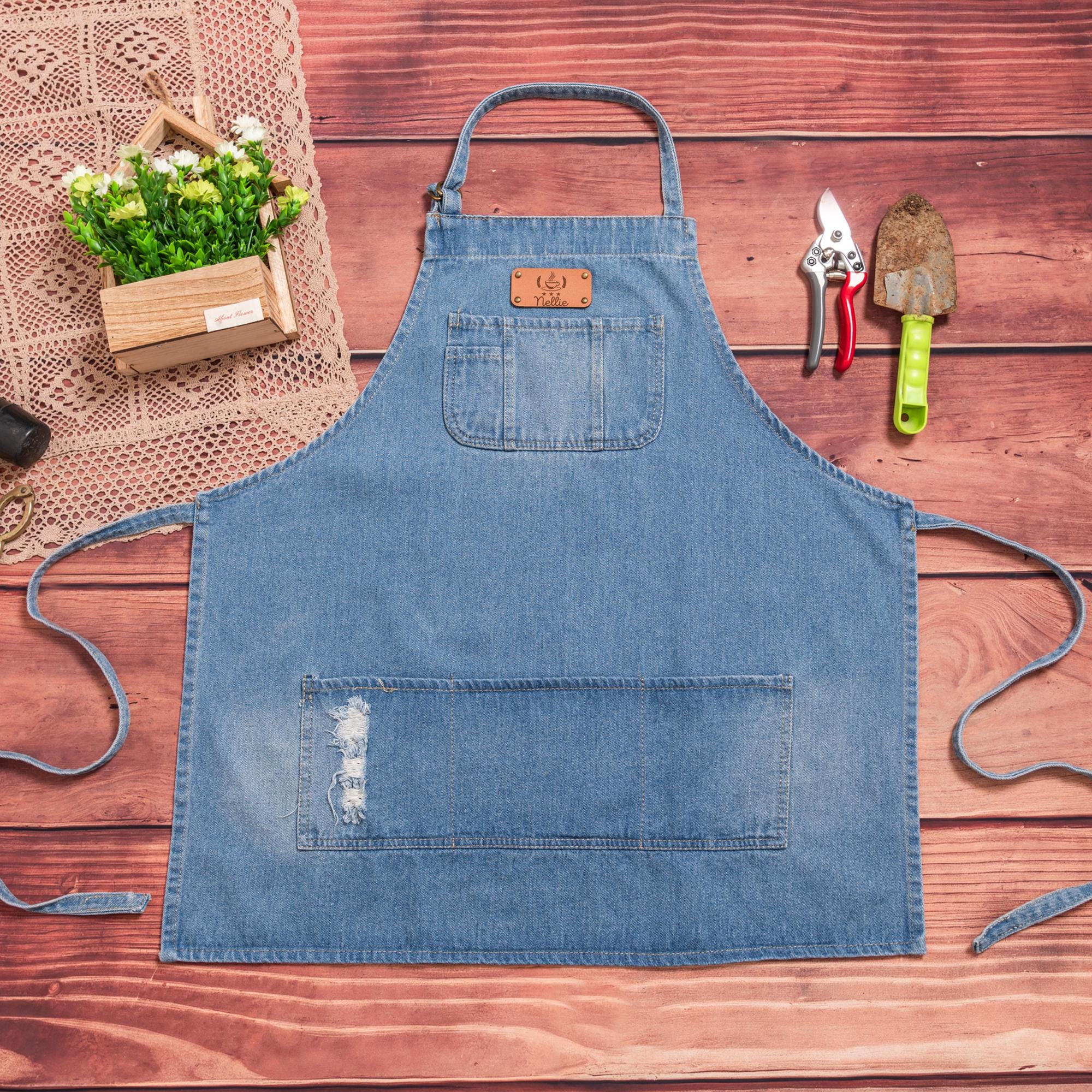 Personalized Denim Work Apron, Custom Gardening Leather Patch, Heavy ...