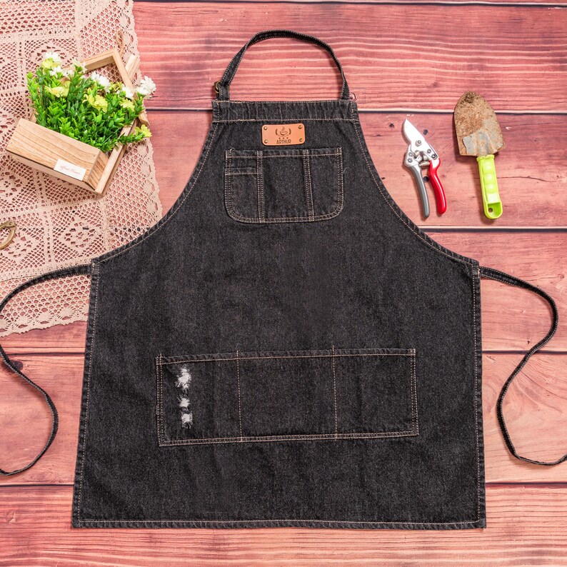 Personalized Denim Work Apron, Custom Gardening Leather Patch, Heavy ...
