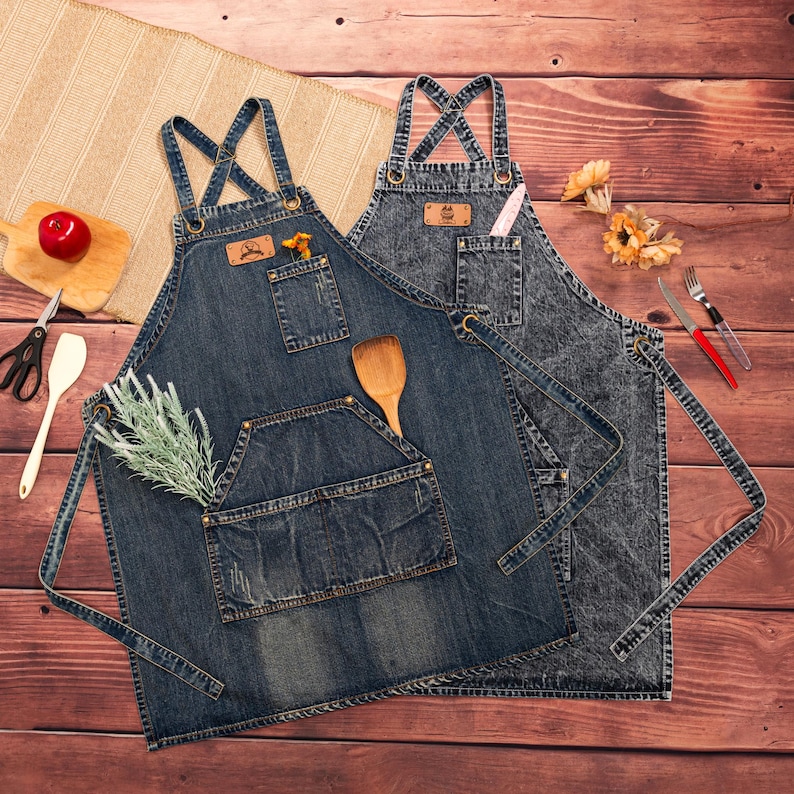 Custom Denim Work Apron With Leather Tag, Unisex Chef Apron - Etsy