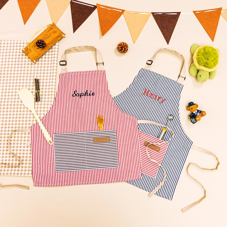 Custom Embroidered Apron for Kids, Striped Apron With Pocket, Cooking ...