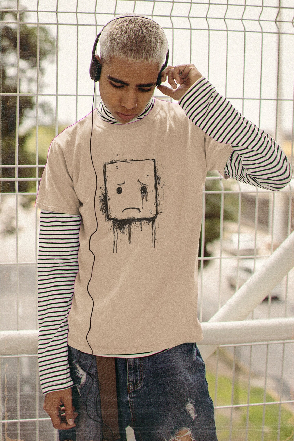 Emotional Square Shirt, Cool Grunge Top, Sad Face T-shirt, Punk ...