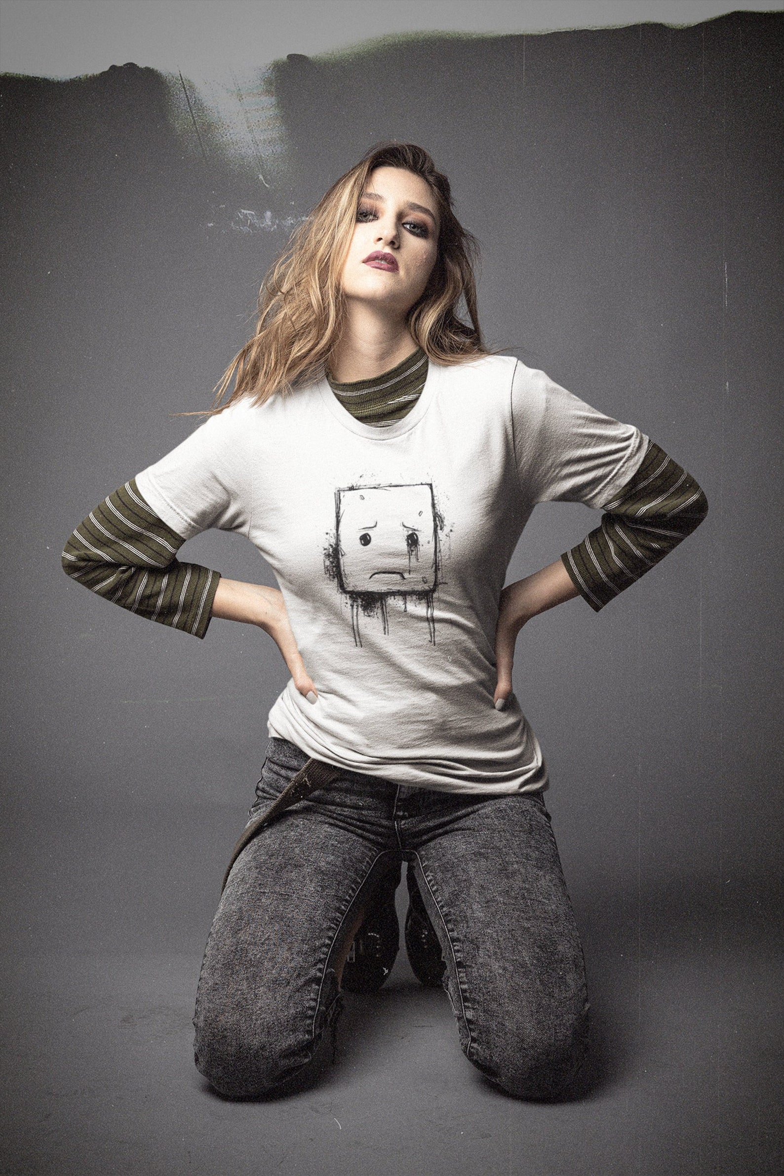 Emotional Square Shirt, Cool Grunge Top, Sad Face T-shirt, Punk ...