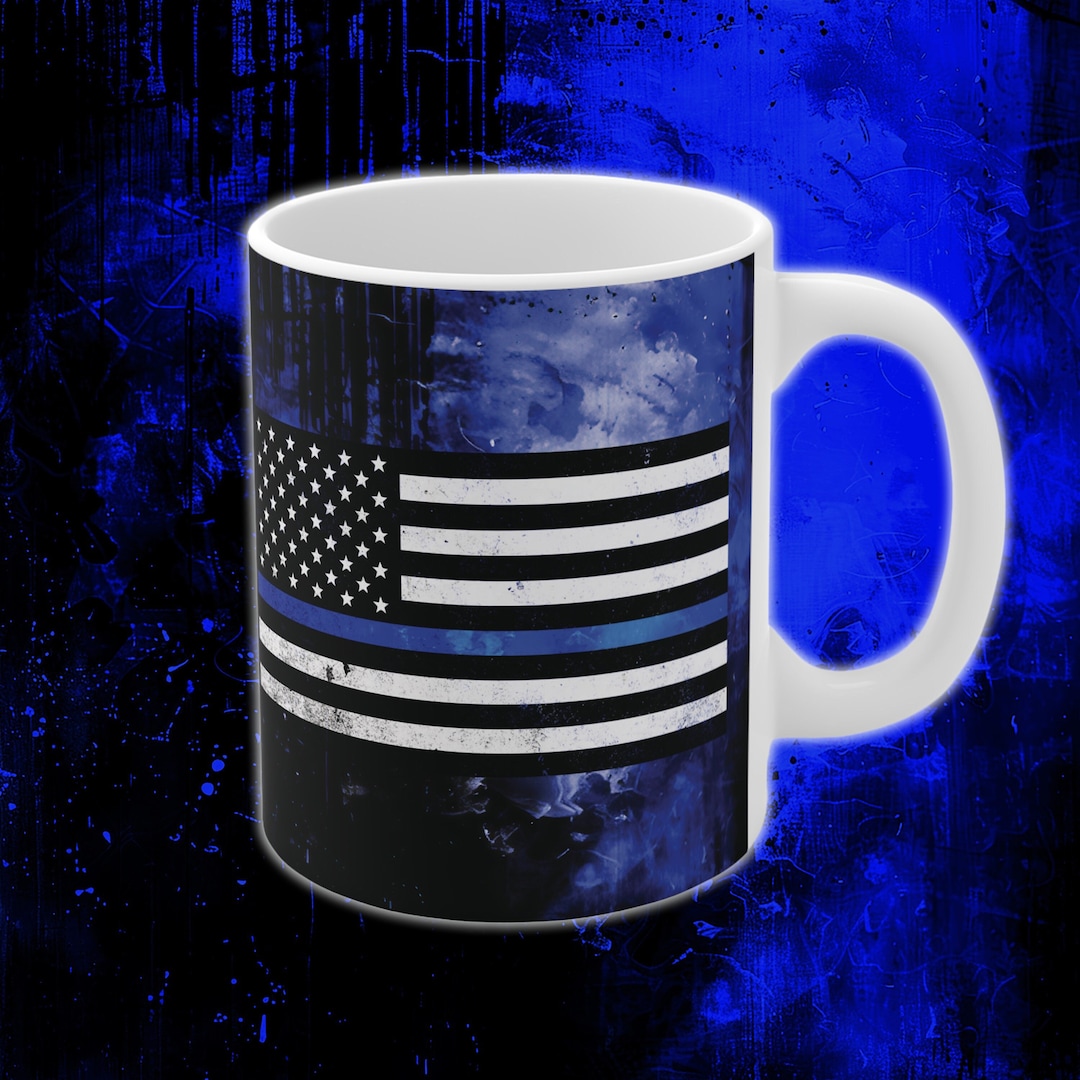 Thin Blue Line Police Mug, American Flag Coffee Cup, Cop Graduation or ...