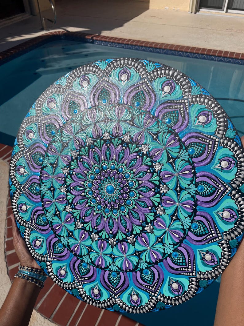 Handmade Mandala Dot Art: Purple, Blue, and White Painted (16 Inch) - Etsy