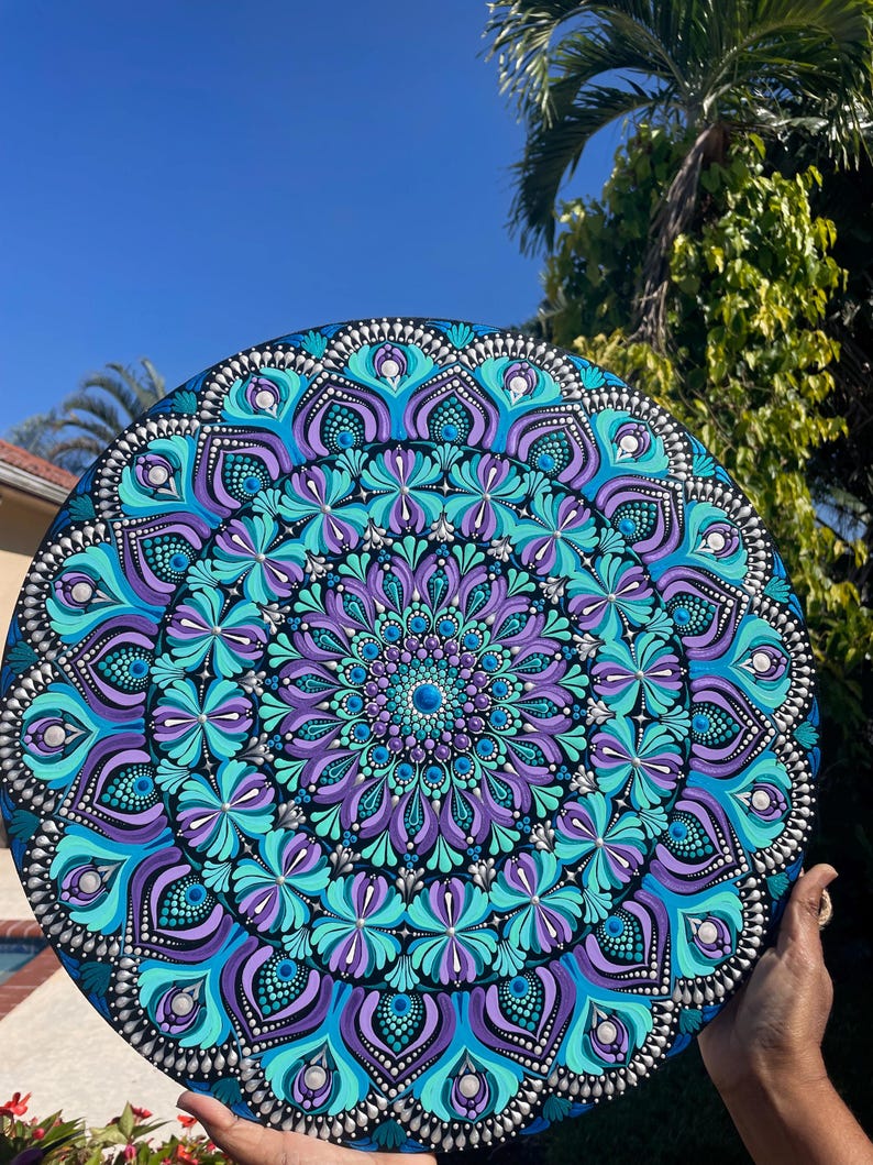 Handmade Mandala Dot Art: Purple, Blue, and White Painted (16 Inch) - Etsy