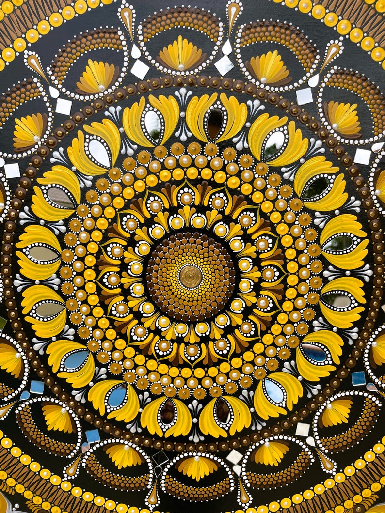 Sunstruck Mandala: Hand-painted Wood Wall Decor With Mirrors (24-inch ...