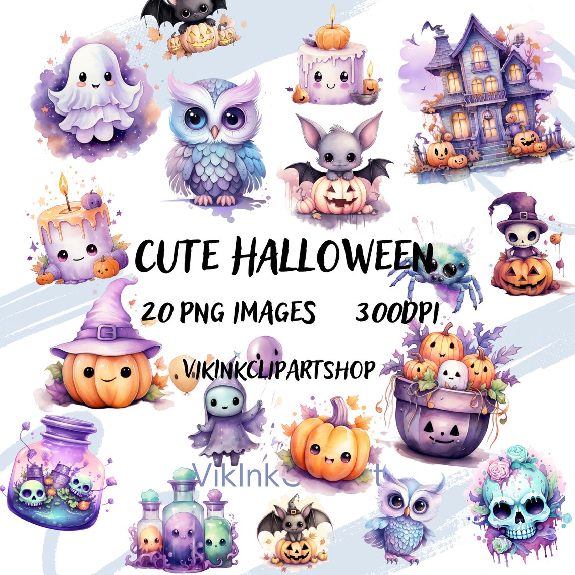 Cute Pastel Halloween Clipart Png, 20 Halloween Themed Watercolor ...