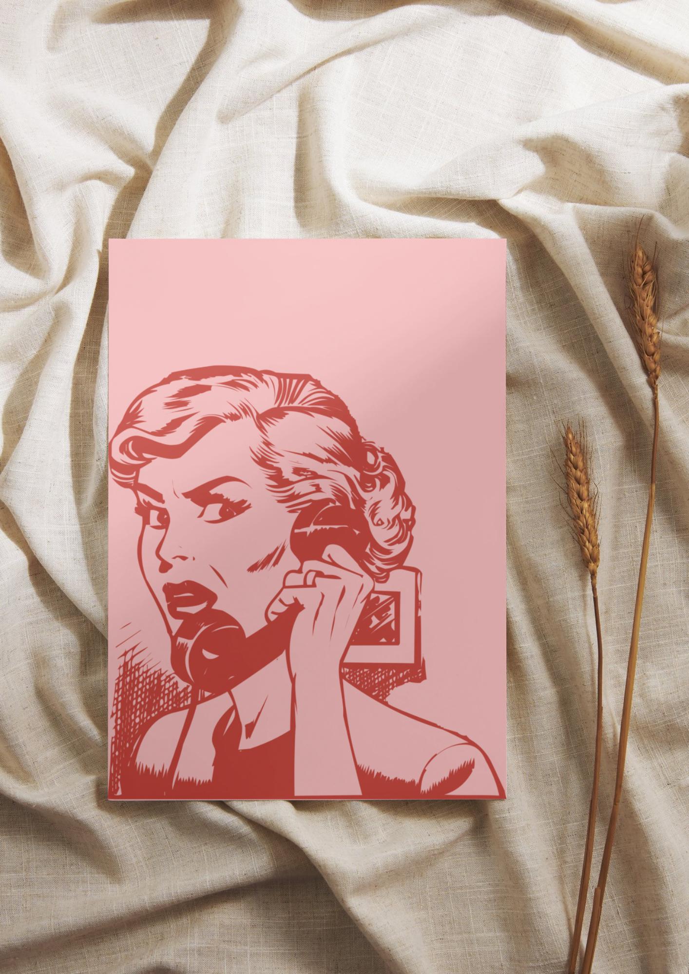 Retro Woman Poster Vintage Pink Poster 50s Wall Art Digital Print Red ...