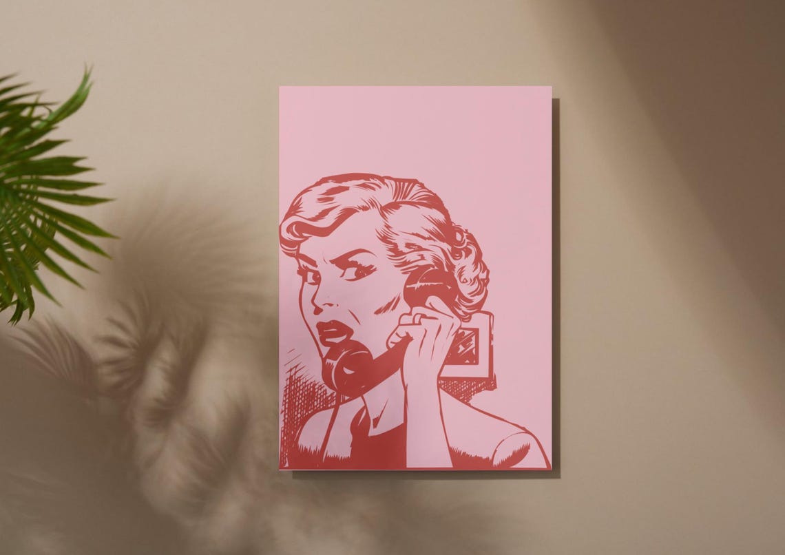 Retro Woman Poster Vintage Pink Poster 50s Wall Art Digital Print Red ...