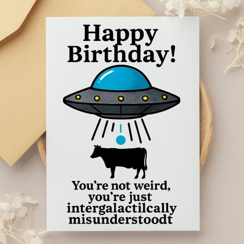 Digital Funny UFO Birthday Card - Weird Alien Themed - Etsy