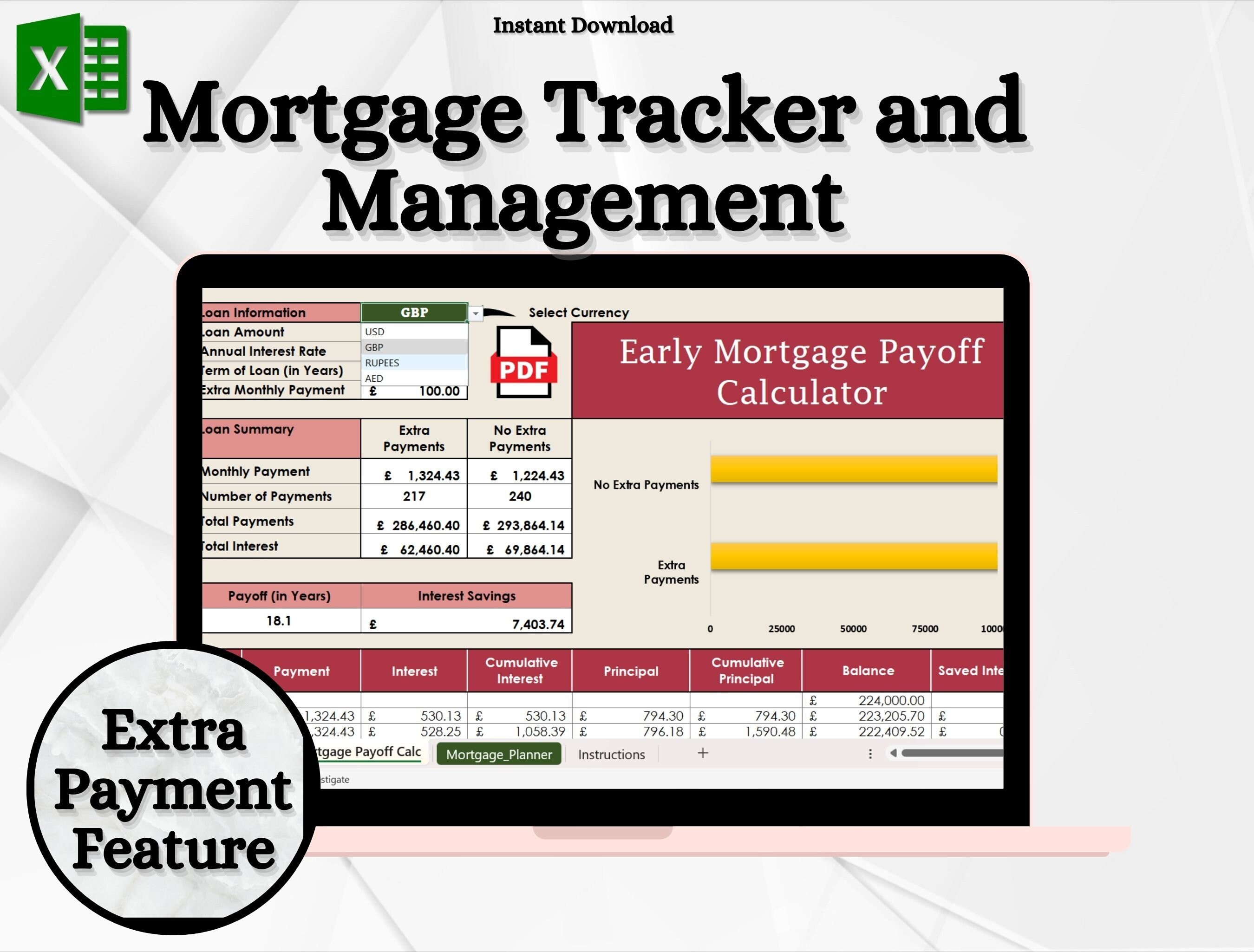 Mortgage Planner Excel Template With Extra Payment Feature and Auto PDF ...