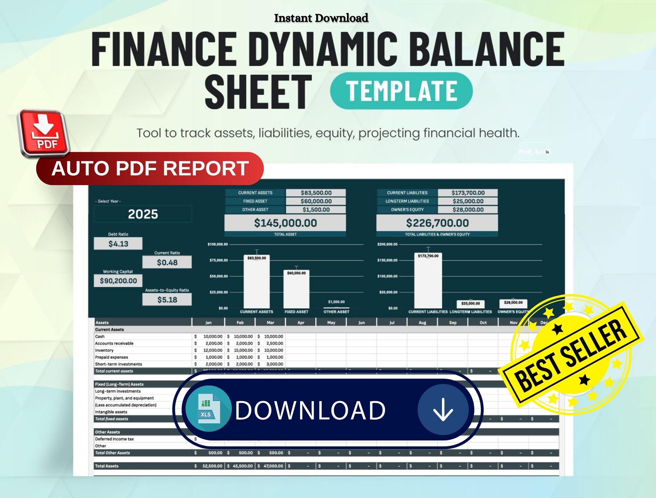 Financial Balance Sheet Dashboard Excel Template With Auto PDF Report ...
