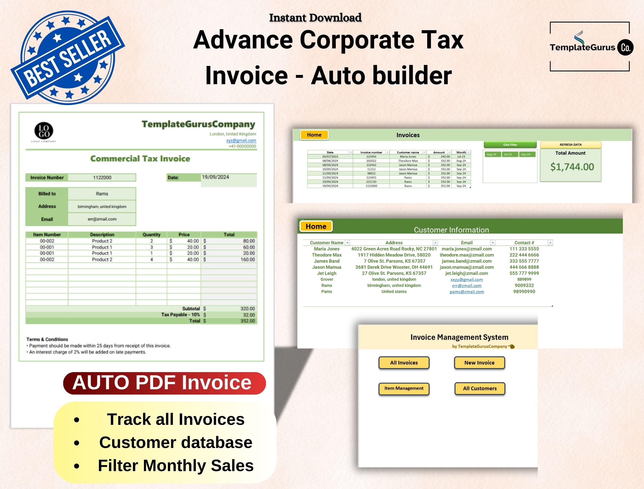 Corporate Tax Invoice Generator Excel Template | Auto PDF Generation ...