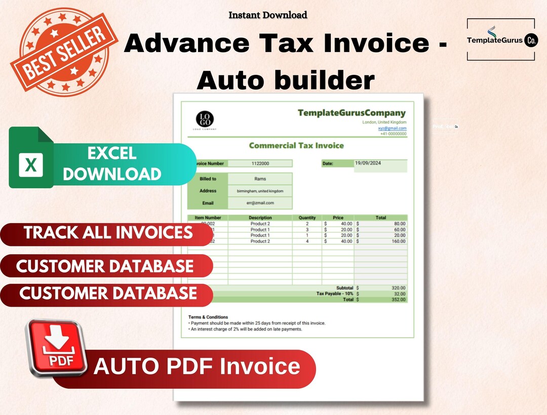 Corporate Tax Invoice Generator Excel Template | Auto PDF Generation ...