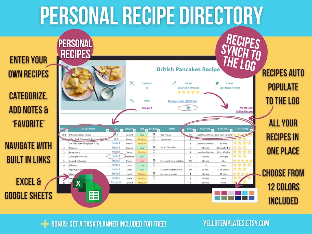 Recipe Organizer Spreadsheet | Excel & Google Sheets Recipe Directory ...