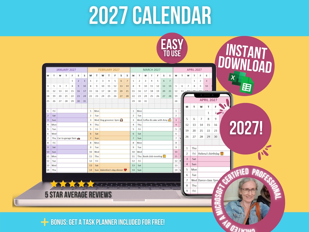 2027 Excel and Google Sheets Monthly Calendar, 2027 Simple Yearly ...
