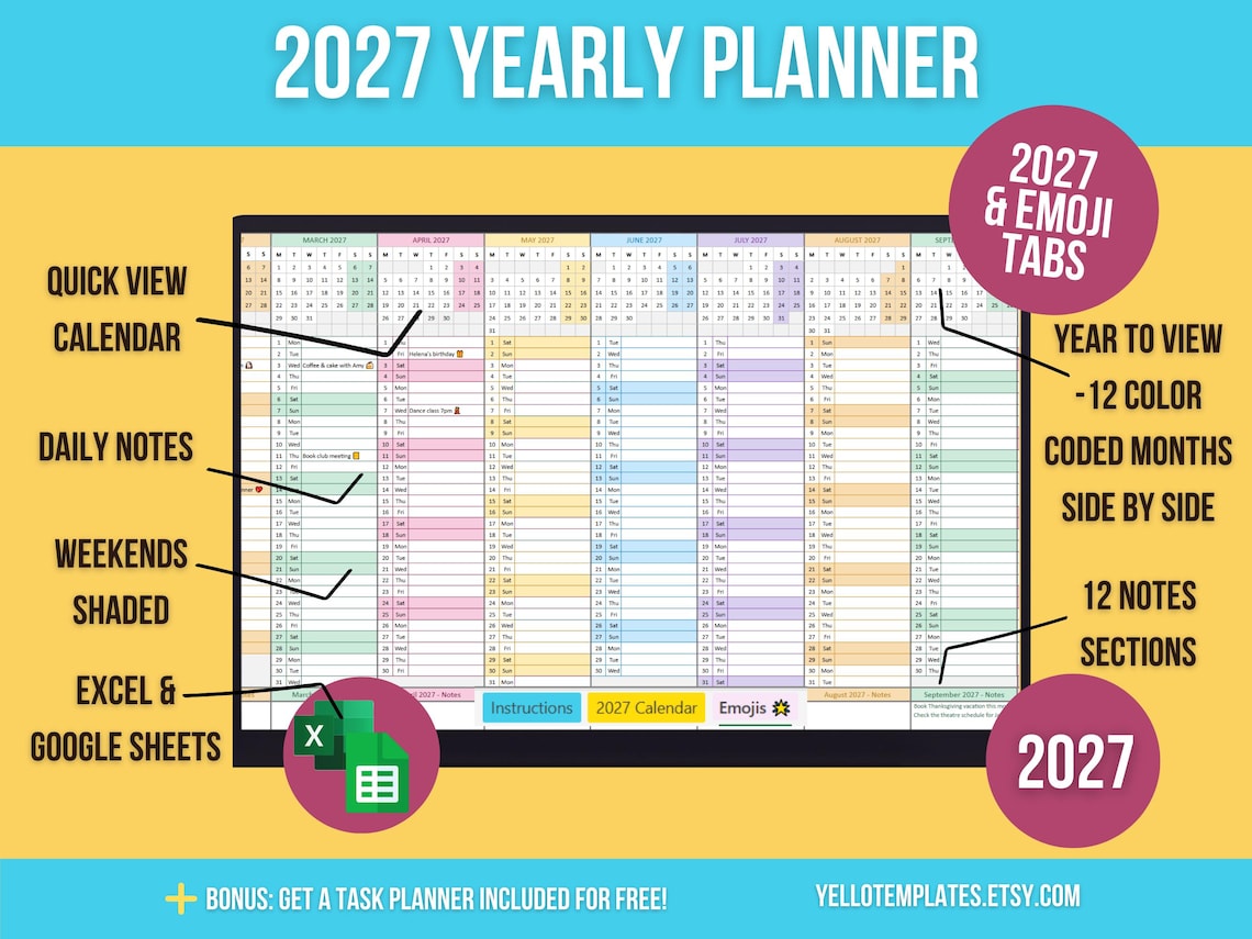 2027 Excel And Google Sheets Monthly Calendar 2027 Simple Yearly