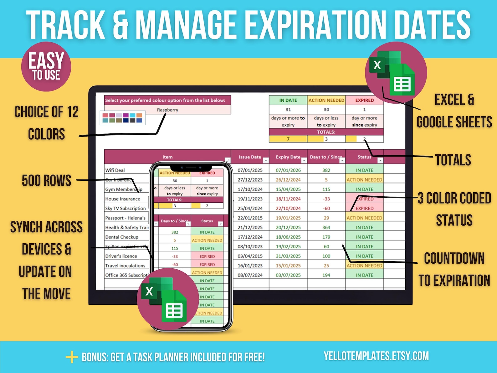 Expiration Date Tracker: Excel & Google Sheets Template (digital ...
